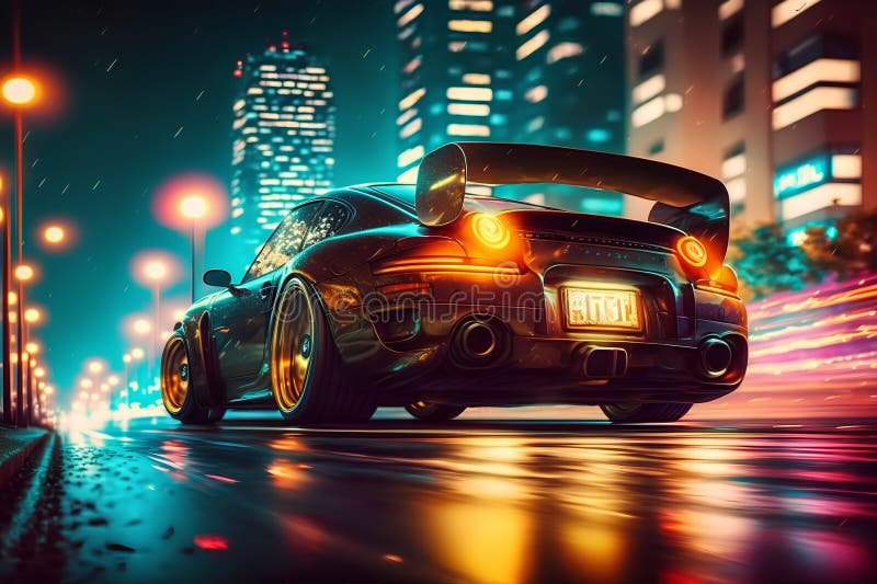 Car on the Road in the City at Night. 3d Rendering Stock Illustration ...