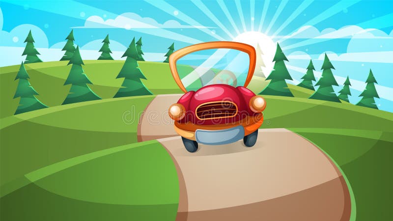 Car, Road Illustration. Cartoon Forest Landscape. Stock Vector ...