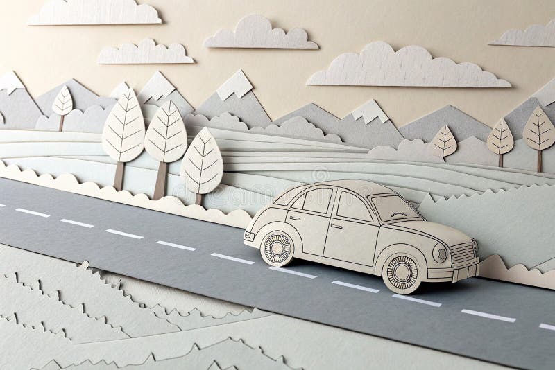 Car on Road in Layered Paper Style - Generated by Ai Stock Illustration ...