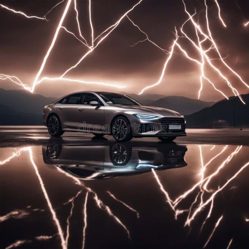 Car on the Road with Lightning and Reflections in the Water Stock ...