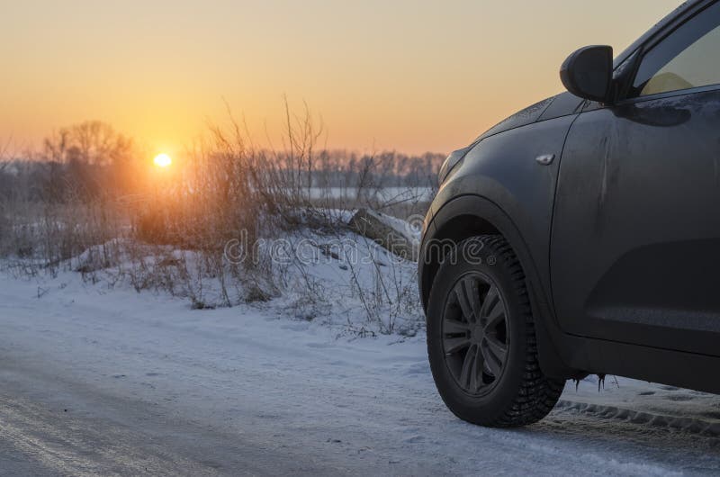 Car on the Road in Morning Sunrise Stock Image - Image of snow, risk ...