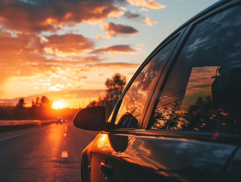 Car on the Road with Sunset in the Background. View from the Car Window ...