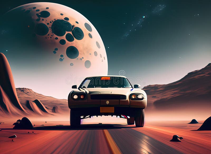 Car on the Road To the Moon. 3D Rendering Stock Illustration ...