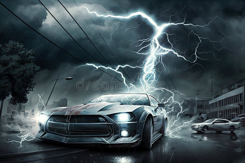Car on the Road Under Thunder and Lightning. Generative AI Stock ...