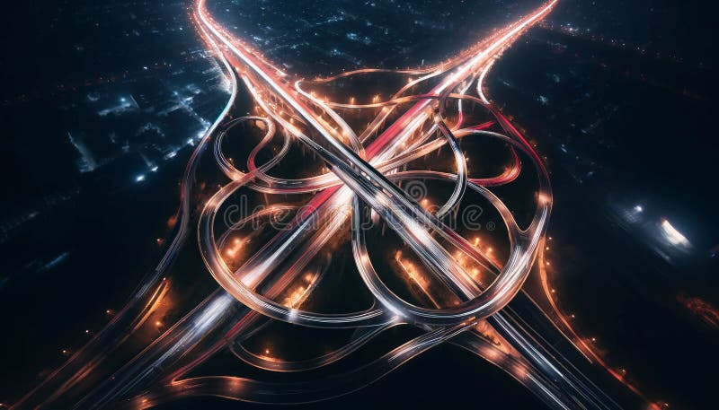 Car Roundabout Multi-level Illuminated Interchange at Night, Aerial ...