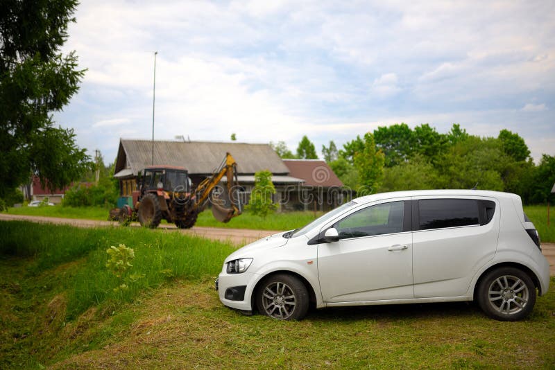 Car in Rural Russian Village Landscape in Summer Stock Image - Image of ...
