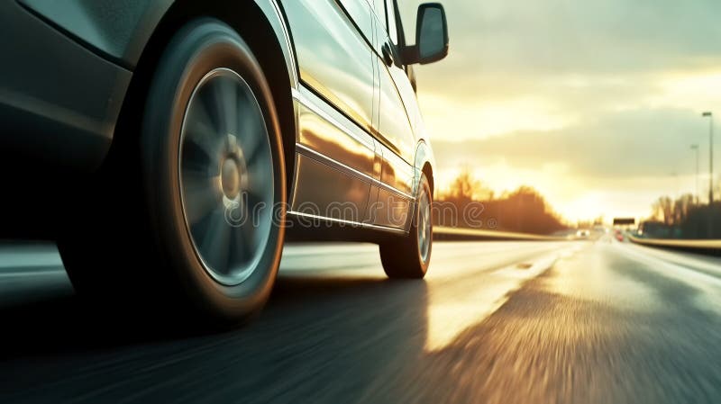 Car Rushes Along the Highway at Sunset , Low Angle Side View Stock ...