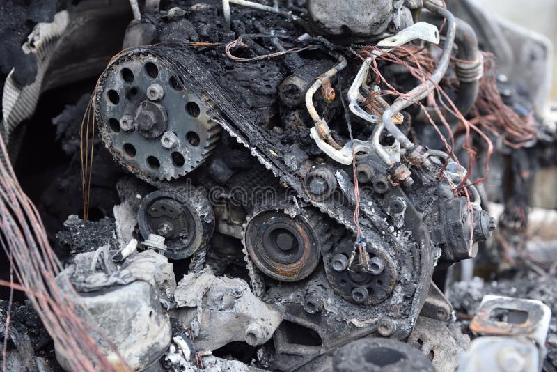The Car`s Engine after the Fire. Burned Out Car Engine, Side View Stock ...