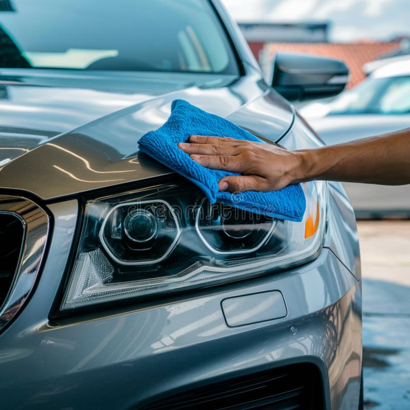 Car S Front End Being Wiped with a Blue Microfiber Cloth. Stock ...