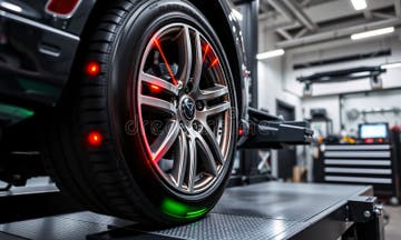 A Car S Front Wheels on a Computerized Alignment Rack with the ...
