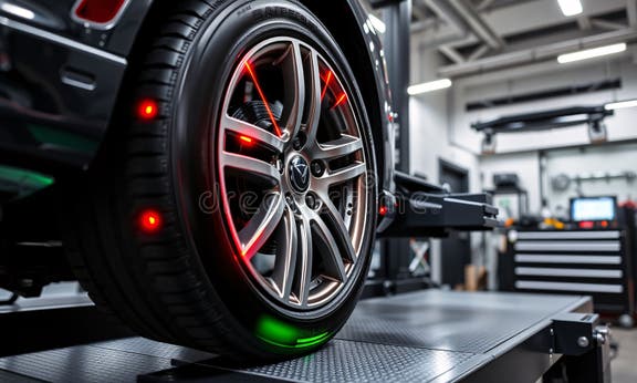 A Car S Front Wheels on a Computerized Alignment Rack with the ...