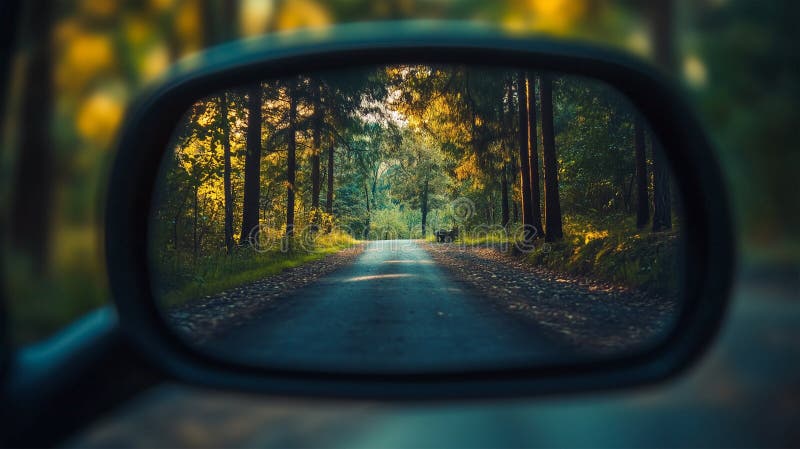 A Car S Rear View Mirror Shows a Forest Road Stock Illustration ...