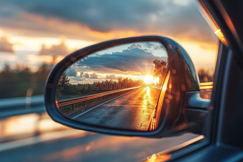 Car S Side Mirror Reflects Highway Scene at Sunset. Generative AI ...