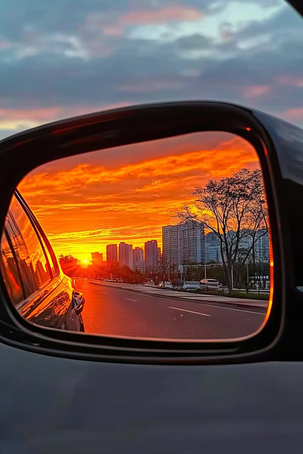 A Car S Side View Mirror with a Sunset in the Background Stock Photo ...