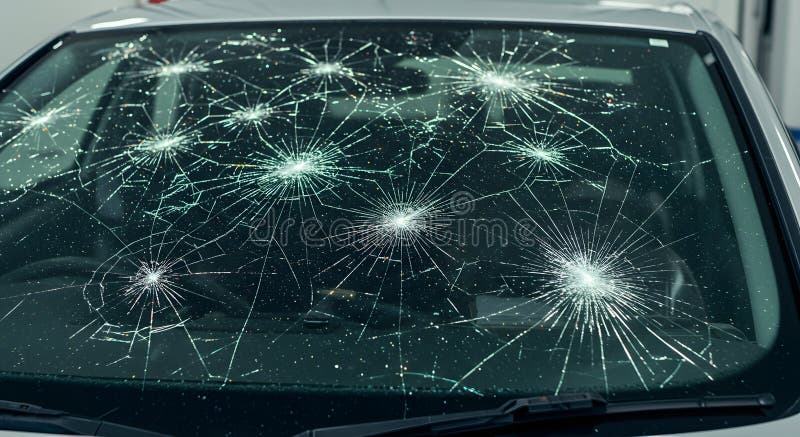 Shattered Windshield: Extensive Damage To Car Glass after Impact Severe ...