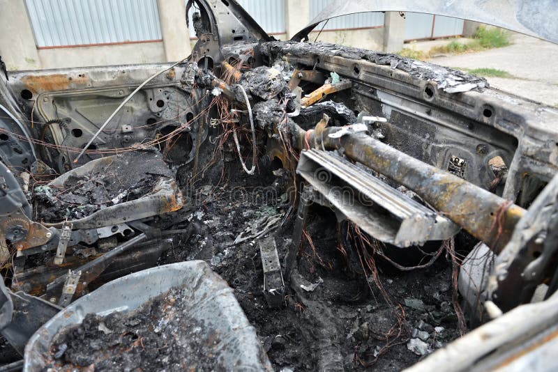 The Car Salon after a Fire. Burned Car Interior after a Fire, Front ...
