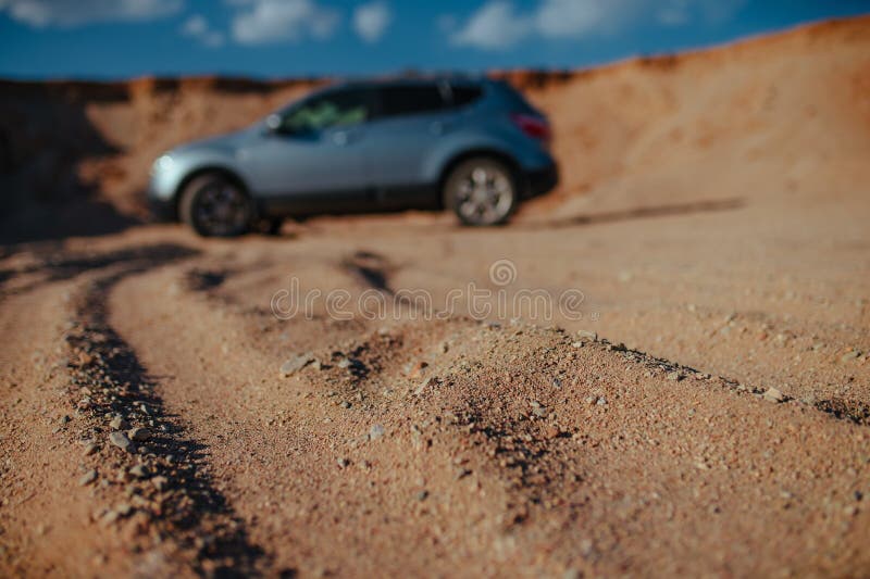 Car in the Sand Quarry, Front Focus on Sand Stock Image - Image of ...