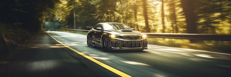 Car on Scenic Forest Highway Road Banner. Car Trip, Panoramic Web ...