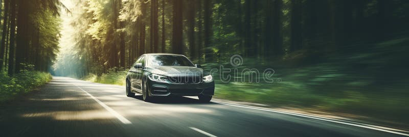 Car on Scenic Forest Highway Road Banner. Car Trip, Panoramic Web ...