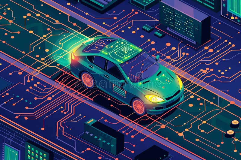 Car Driving on Road with Circuit Board Background Stock Image - Image ...