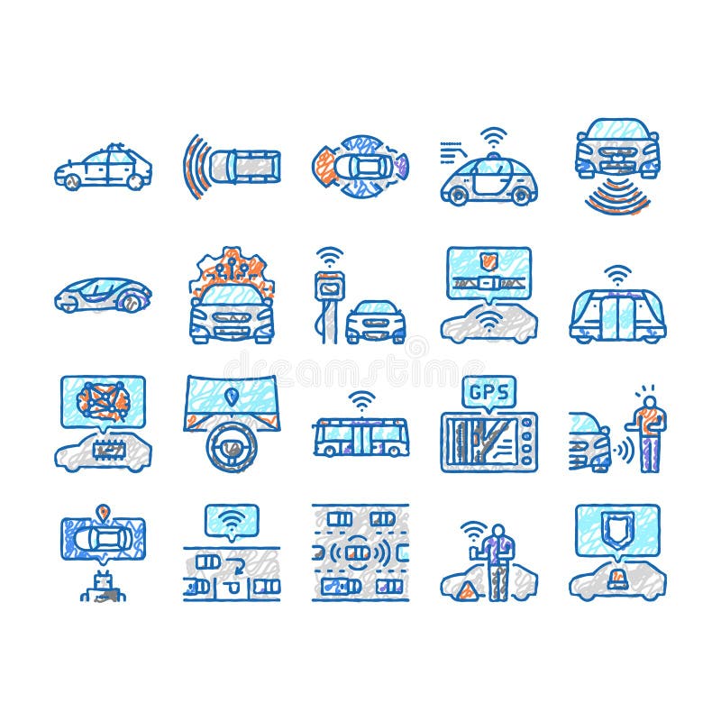 Car Self Vehicle Drive Smart Auto Icons Hand Drawn Stock Illustration ...