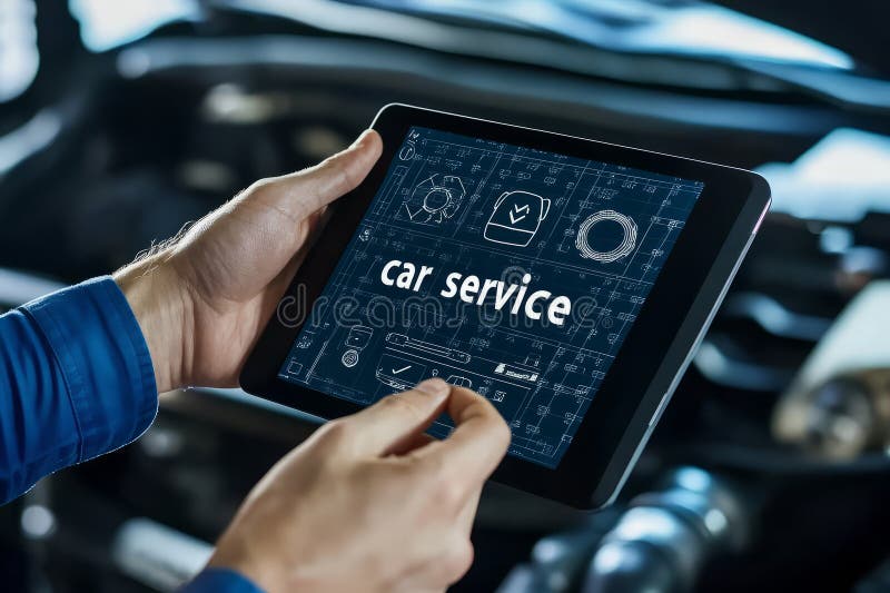 Car Service Concept on Tablet Screen, Mechanic Using Technology for ...