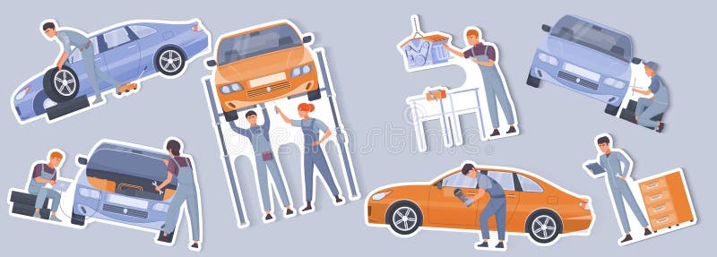 Car Service Maintenance Stickers in Flat Design Stock Image - Image of ...