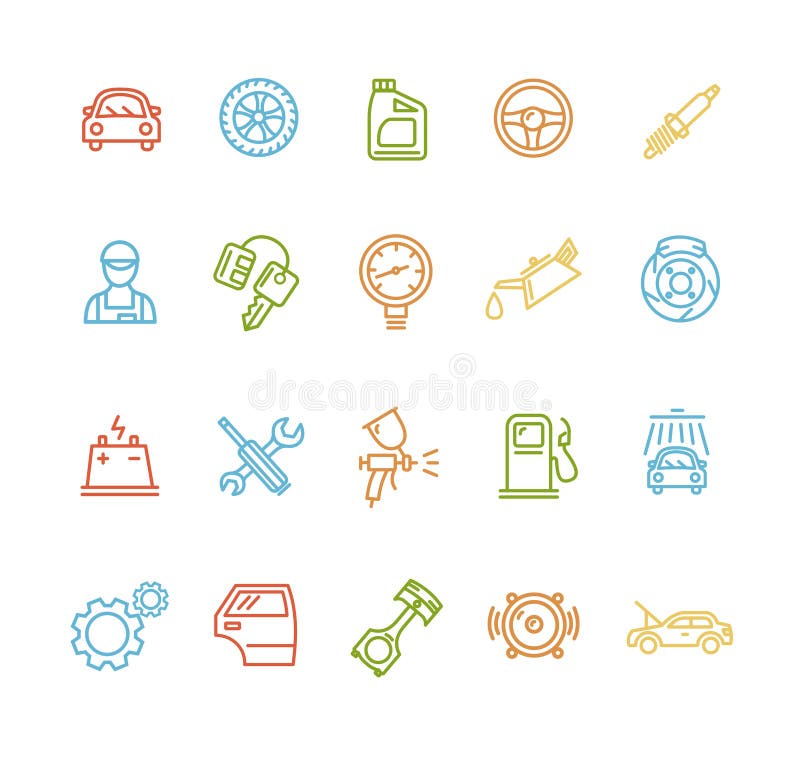Car Service Outline Colorful Icons Set. Vector Stock Vector ...