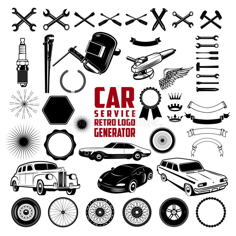 Car Service Retro Logo Generator is Set of Icons, Badges, Ribbons and ...