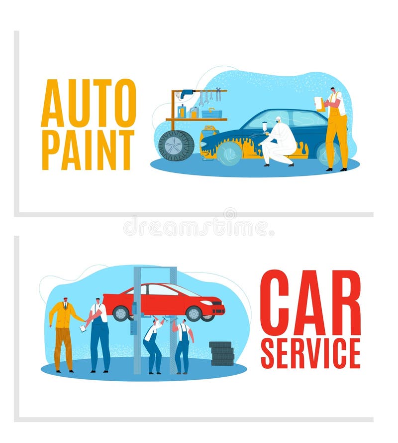 Car Service Vector Illustration. Workers in Uniforms Diagnose, Repair ...