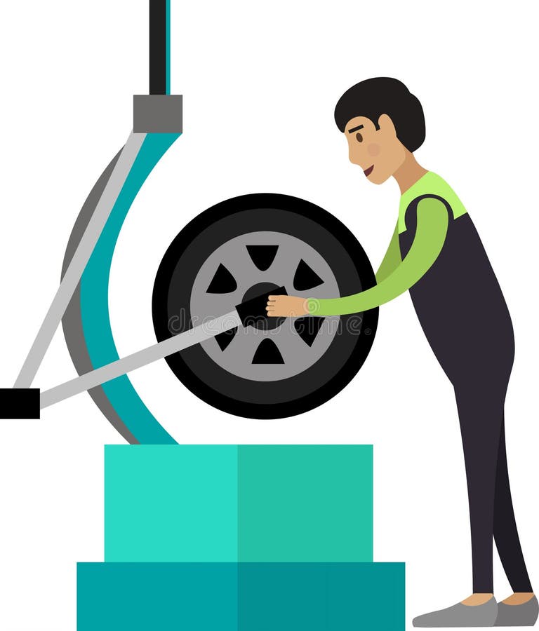 Car Service Worker Repairing Wheel Vector Icon Isolated on White Stock ...