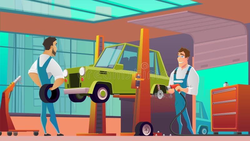 Car Service Workers at Workshop Cartoon Vector Stock Illustration ...