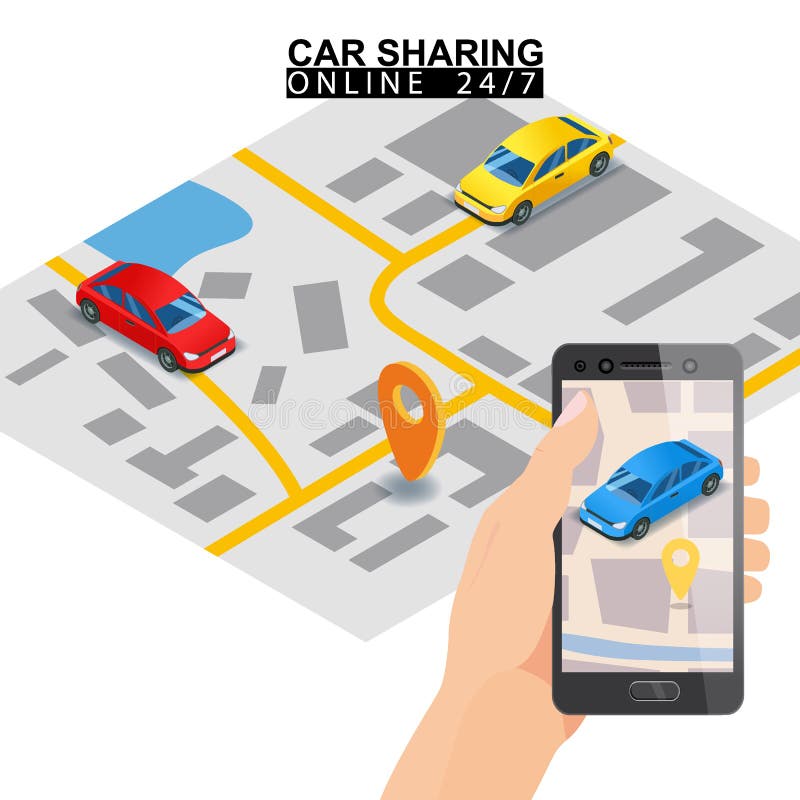 Car Sharing Isometric. Hand Hold Smartphone Screen with City Map Route ...