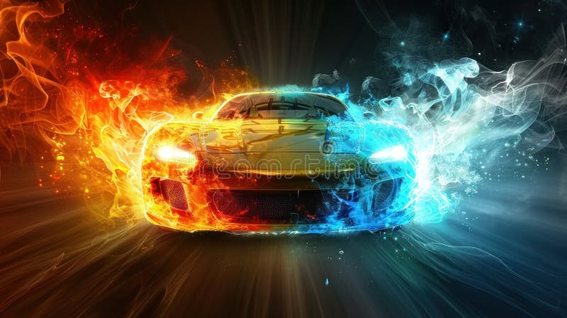 A Car is Shown in a Painting with a Fire Engine Behind it Stock Photo ...
