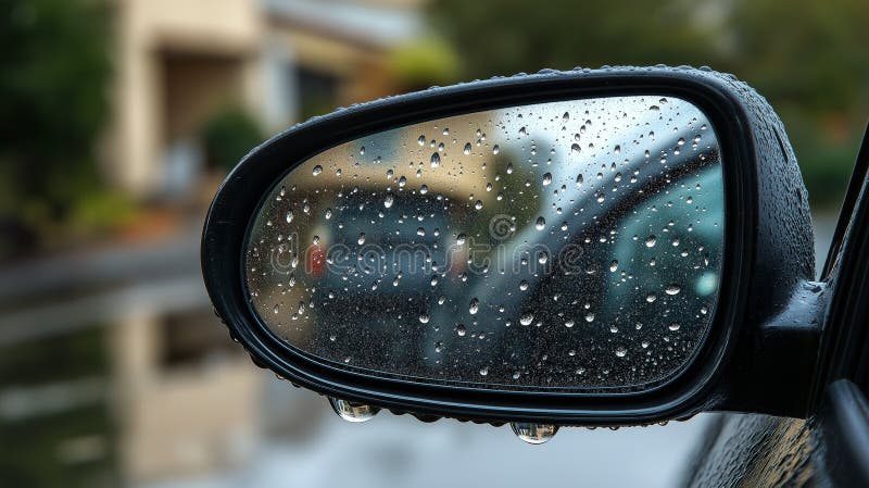 Car Side Mirror with Raindrops Reflecting the Street Stock Illustration ...