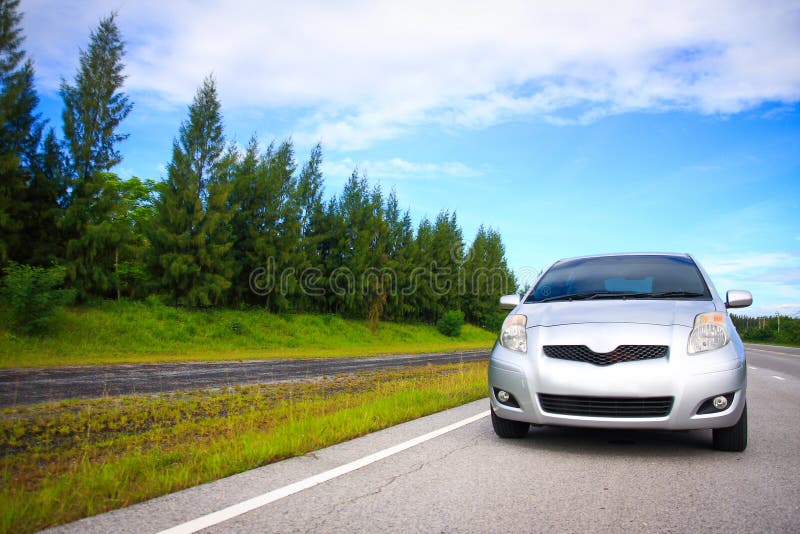 Car Silver Running on a Tree Road Along the Way. Stock Photo - Image of ...
