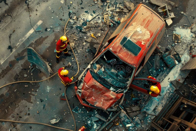 A Car Sitting on Top of a Pile of Rubble. Suitable for Disaster or Post ...