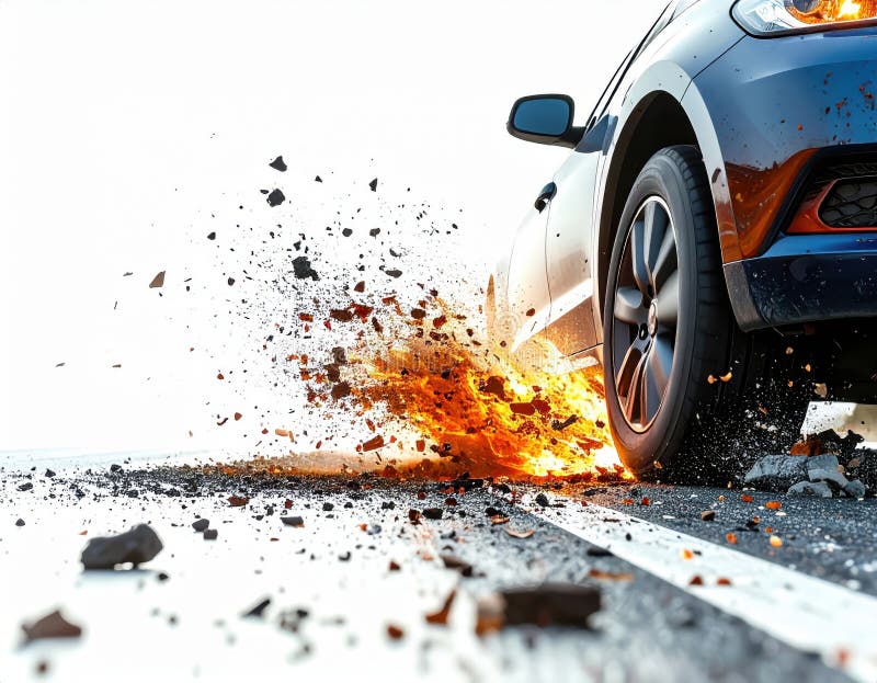 Car Skid and Explosion Effect, Road Debris Scatter from Speeding ...