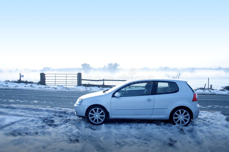 Car in the snow stock image. Image of fence, road, snow - 17448125
