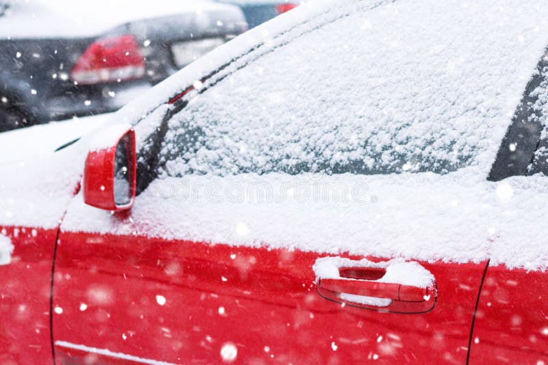 Snow Covered Red Car Winter Background. Stock Image - Image of nature ...