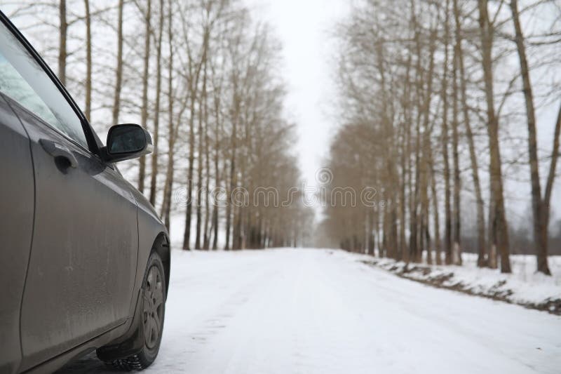 Car on a Snowy Winter Road in Fields. Stock Image - Image of road ...