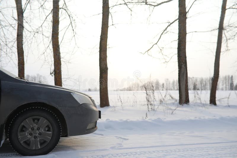 Car on a Snowy Winter Road in Fields. Stock Photo - Image of design ...