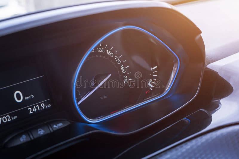 Car Speedometer Close Up. Modern Blue Interior Design Stock Image ...