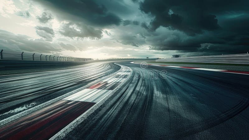 A Car Speeds Along a Race Track, Surrounded by Clouds in the Sky Stock ...