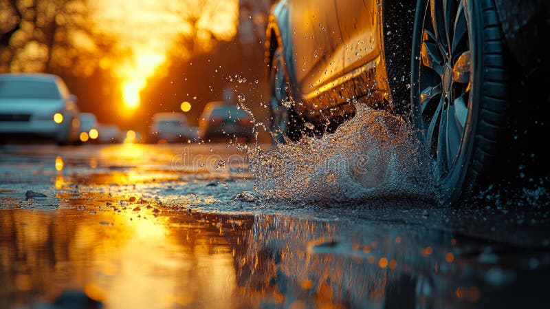 Car Splashing through a Puddle at Sunset - Generative Ai Stock ...