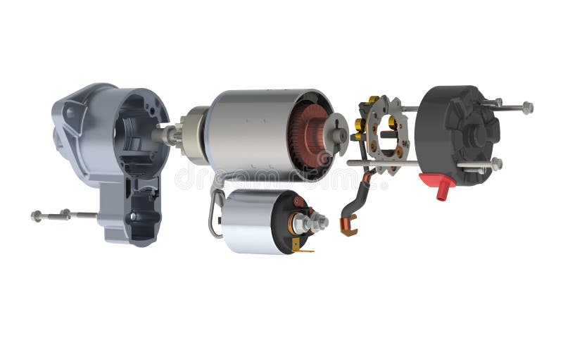 Car Starter Exploded View Components, 3D Rendering Isolated on White ...