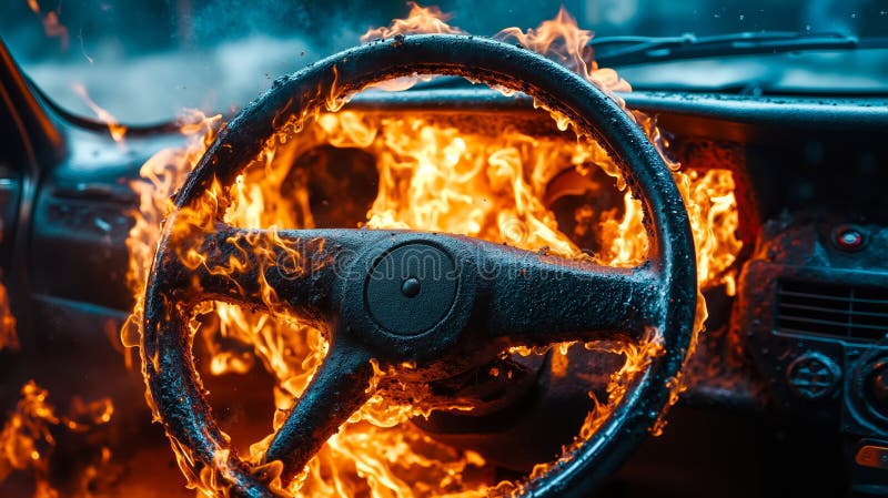 A Car with a Steering Wheel on Fire Inside of it Stock Image - Image of ...