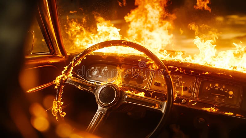 A Car with a Steering Wheel on Fire Inside of it Stock Image - Image of ...