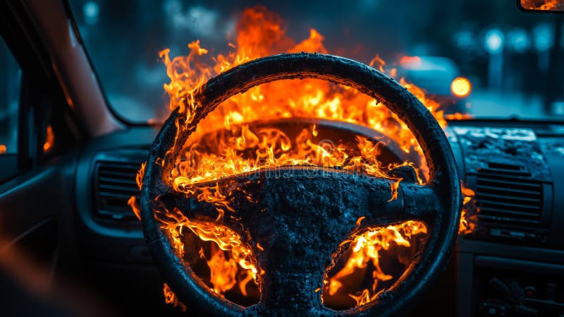 A Car with a Steering Wheel on Fire in the Middle of the Road Stock ...