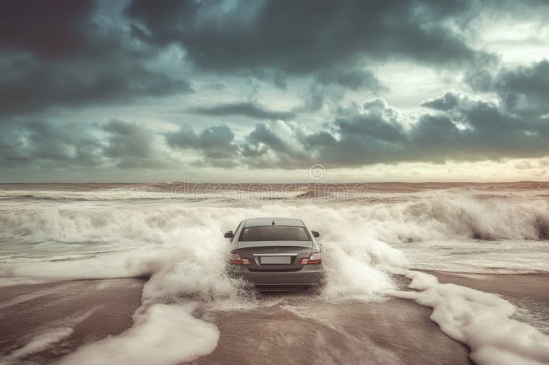 Car Stranded on Beach As Strong Waves Crash Around it during a Dramatic ...